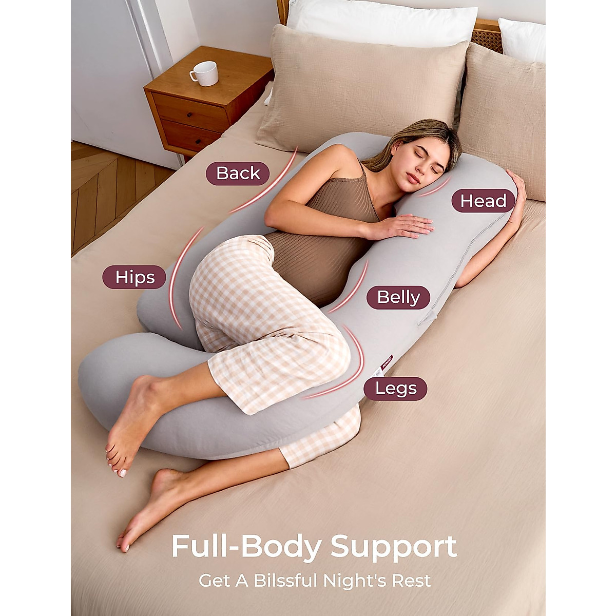 Momcozy Pregnancy Pillows for Sleeping, U Shaped Full Body Pillow for Pregnancy Women with Removable Jersey Cotton Cover, 57 Inch Maternity Pillow, Grey
