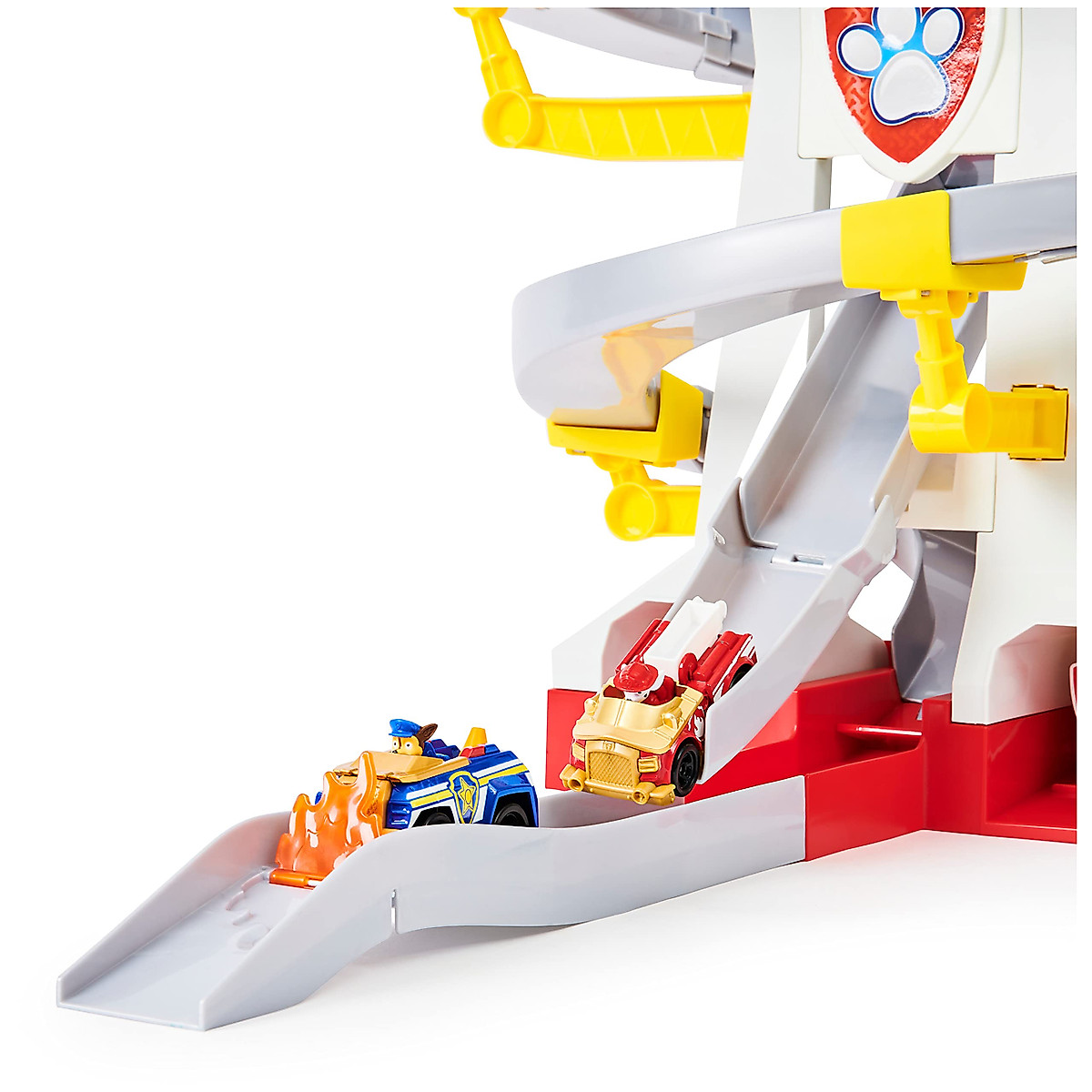 Paw Patrol Adventure Bay Lookout Tower Playset With 2 Die-Cast 1:55 Vehicles (Chase and Marshall): Twin Track Rescue Way 25 Pc Set With Launching Periscope - Accommodate Up to 6 True Metal Racing Cars