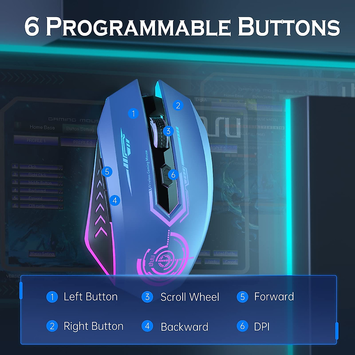 UHURU Gaming Mouse, Wireless Gaming Mouse with 6 Buttons 7 Changeable LED Color up to 10000 DPI, Rechargeable USB Gamer Mouse for PC Laptop (Blue)