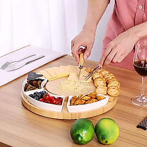 FITNATE Cheese Board Set Round Charcuterie Boards with Cheese Grater, Bamboo Swivel Cheese Cutting Board and Knife Set Cheese Serving Platter for Thanksgiving Day, Christmas, Family Gatherings