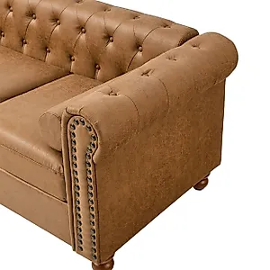 Asucoora Upholstered Chesterfield Tufted Leather Sofa Couch for Living Room, Rolled Arm 3 Seater Sofa Couch with Nailhead Trim and 2 Neck Roll Pillows, Brown