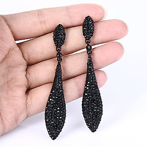 EVER FAITH Women's Austrian Crystal Double Waterdrop Pierced Dangle Earrings Jet Color Black-Tone