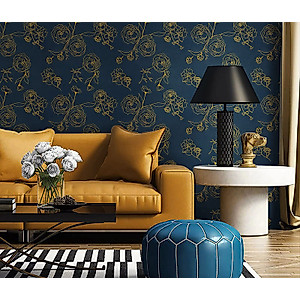 118"x17.3" Peel and Stick Wallpaper Gold and Blue Contact Paper Dark Blue Wallpaper Removable Wallpaper Floral Contact Paper for Walls Covering Vinyl Rolls