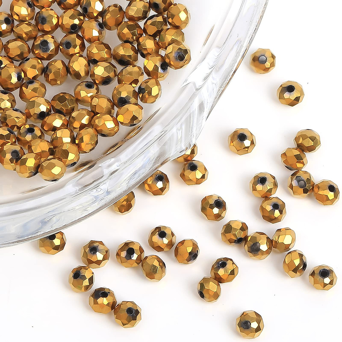 10 Strands 4mm Rondelle Crystal Glass Beads, Micro 48 Faceted Tiny Glass Beads Diamond Cut Gemstone Strand Loose Beads Sparkly Beads for DIY Jewelry Making,Gold