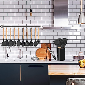 LIANYU 13-Piece Silicone Kitchen Cooking Utensils Set with Holder, Wooden Handle Utensils for Cooking, Kitchen Tools Include Spatula Turner Spoons Soup Ladle Tong Whisk, Black