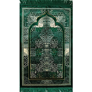 Modefa Turkish Islamic Prayer Rug | Soft Velvet Janamaz Praying Carpet | Muslim Praying Mat for Men & Women Ramadan or Eid | with Car Hanger | Classic Elegant Swirl (Green)