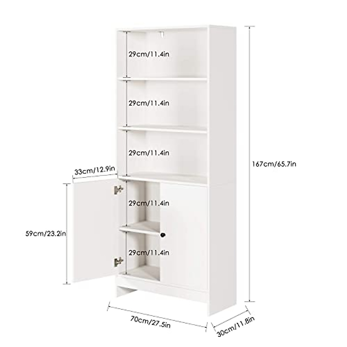 SHUANGZ 3 Tier Bookcase with Doors, 27.5 x 11.8 x 65.7 Inch Storage Organizer Cabinet with 3 Open Shelves, Tall Book Shelf Free Standing Floor Cabinet for Home Office, White