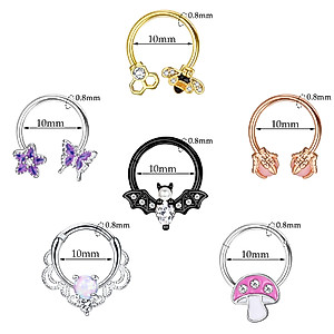 Drperfect 6PCS Septum Jewelry 316L Stainless Steel Septum Rings Horseshoe Daith Earring Hoop 16G Nose Ring Hoop Cute Butterfly Bee Cartilage Tragus Rook Helix Septum Piercing Jewelry for Women