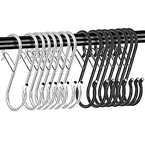 DIFENLUN 16pcs S-Hooks/8pcs Black 8pcs Silver w/Safety Clasp/Kitchen Pot Rack, Closet Hooks/Suitable for Closet Hooks, Clothes, Kitchen Utensils, Pots and Pans