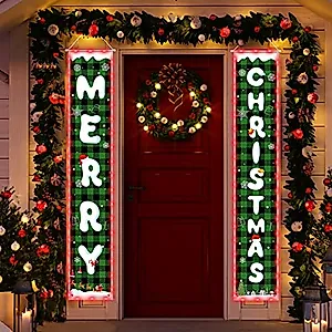 Christmas Decoration Banners with Lights, Merry Christmas Banners, Party Decor and Porch Sign, Green Plaid Christmas Decoration Banners for Front Door Porch Indoor/Outdoor