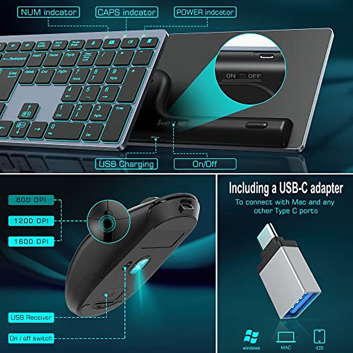 Wireless Keyboard and Mouse Combo Rechargeable, Full Size Wireless Keyboard with Backlit, 2.4G Silent USB Wireless Keyboard Mouse Combo [with USB C Adapter] for Windows, Mac OS Desktop/Laptop/PC