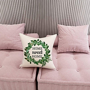 FIBEROMANCE Spring Pillow Cover 18x18 Home Sweet Home Garden Wreath Farmhouse Throw Pillow Covers Pillow Case Cushion Covers for Sofa Couch Spring Home Décor Decoration