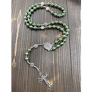 Nazareth Store Green Beads Rosary Necklace Catholic Pearl Beads Rosary with Miraculous Medal and Cross Crucifix