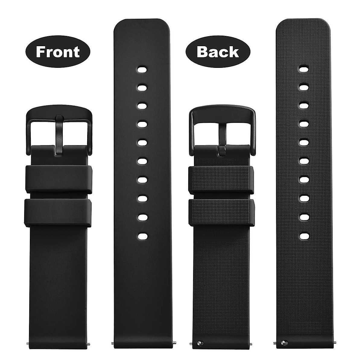 WOCCI 20mm Silicone Watch Band, Quick Release Rubber Replacement Strap with Black Stainless Steel Buckle (Black)