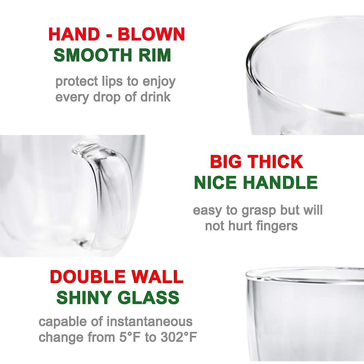 BothEarn Glass Coffee Mug Set of 2 - Double Wall Clear Espresso Cup with Large Handle, Great for Latte, Cappuccino and Juice, 19 Ounce (560 ml), BE026