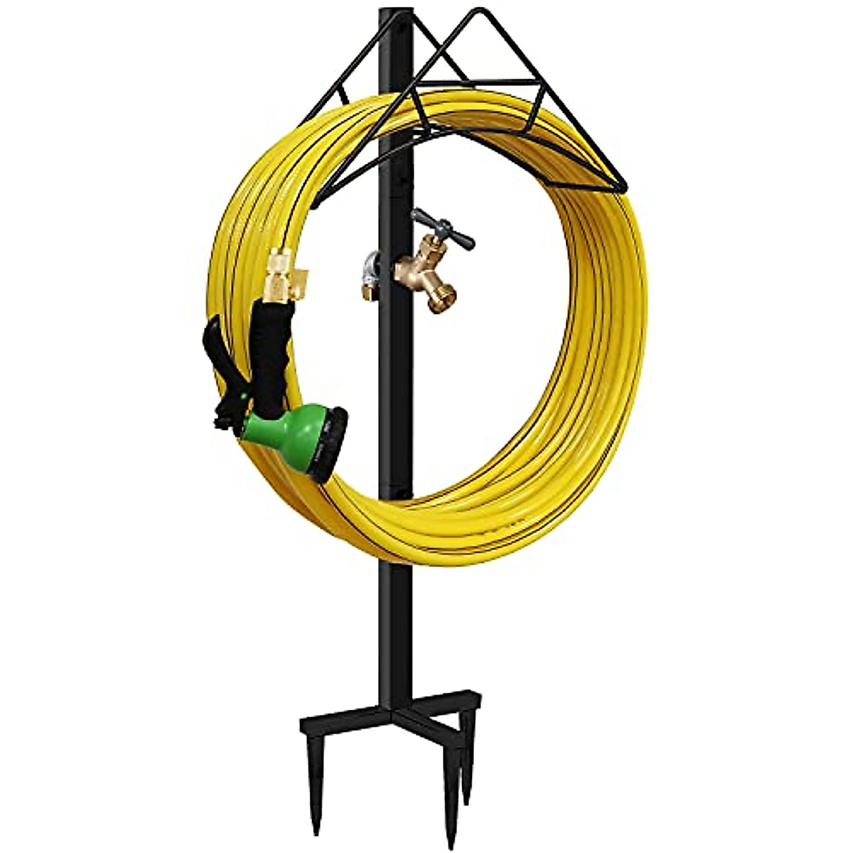 Artigarden Outdoor Hose Holder Stand with Brass Spigot Faucet - Freestanding Metal Water Pipe Extension Hanger Stake Heavy Duty Storage Organizer for Garden Lawn & Backyard