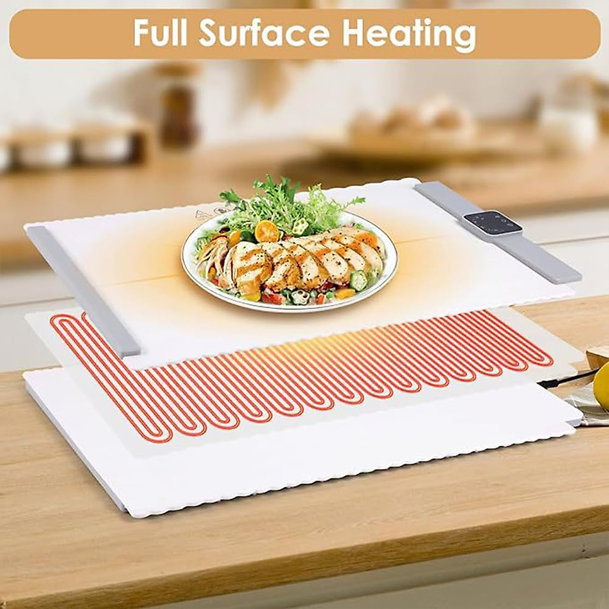 Food Warming Mat, 5 Level Adjustable Temperature, Silicone Heating Mat for Food, Auto-Off Timer, Flat 26 x 15 inch (Blue)