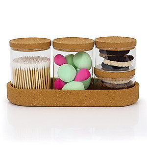 DAPOWER 4 Pack Qtip Holder Vanity Storage Canister for Cotton Ball Cotton Swab Pads Floss, 15-Ounce Clear Glass Apothecary Jar with Lid and Tray, Bathroom Organizer and Storage (4 pack set with tray)