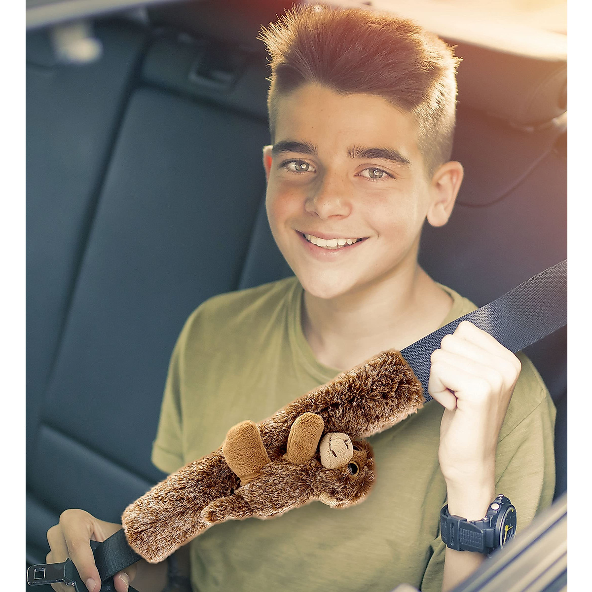 DolliBu Brown Monkey Plush Car Seatbelt Cover - Soft Fluffy Cushion Support for Safety Seat Belt Strap Cover, Decorative Wild Life Stuffed Animal Padded Toy Cute Vehicle Accessory for Kids & Adults