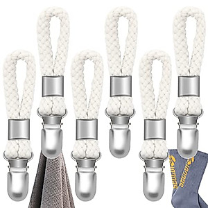 6 Pack Towel Hook Holder Braided Cotton Loop Towel Hangers Metal Clip Towel Hangers Rack Hand Towel Hook Tea Towel Holders for Kitchen Bathroom Ivory