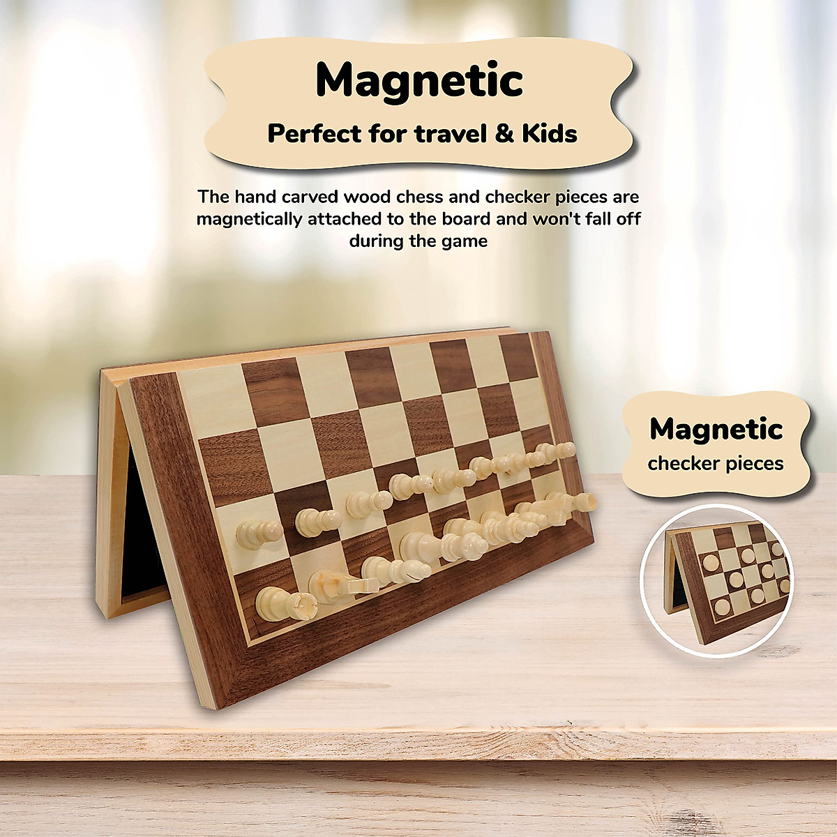 Funshpiel Magnetic Wood Checkers and Chess Set – Premium Handcrafted Chess Board Set with 2 Extra Queens, Chess and Checkers Set for Kids and Adults, Compact and Foldable Design, 15-inch Board Games