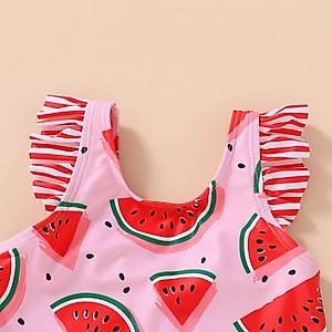 Tiny Cutey Toddler Girl Swimsuit Ruffled Stripe Sleeveless Swimwear One-Piece Baby Girl Bathing Suits (Pink-Watermelon, 12-18 Months)