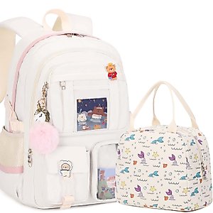 Laptop Backpacks 16 Inch School Bag with Lunch Box Set College Elementary Backpack Cute Lunch Bag Anti Theft Travel Daypack Large Bookbags for Teens Girls Women Kids Students (Beige-Mermaid)