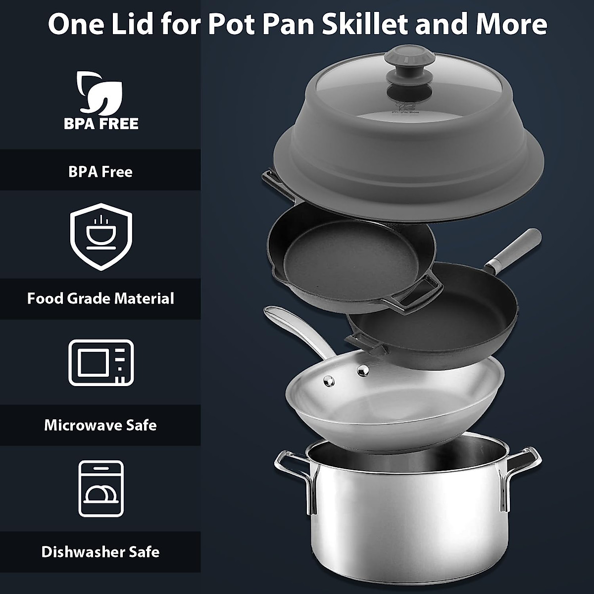 Vented Tempered Glass Lid Wok Lid for Stockpot Steamer Pot Pan, 10.5-11 inch Universal Multifunction Silicone Cover Collapsible Microwave Splatter Lid Cover Microwave Safe