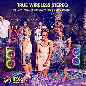 W-KING 100W Bluetooth Speakers V5.3, IPX6 Waterproof Portable Loud Speaker with Deep Bass/110dB Huge Sound/DSP, Karaoke Outdoor Boombox with Lights/Mic & Guitar Port/Echo/USB Port/EQ/Adapter Included