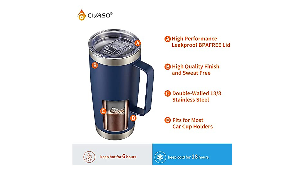 CIVAGO 20 oz Insulated Tumbler Mug with Lid & Straw - Travel Coffee Cup