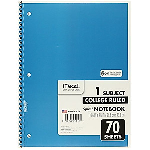 Mead Spiral Notebook, College Ruled, 1 Subject, 70 Sheets, 7.5" x 10.5", 12 Pack, Assorted Colors (05512-12)