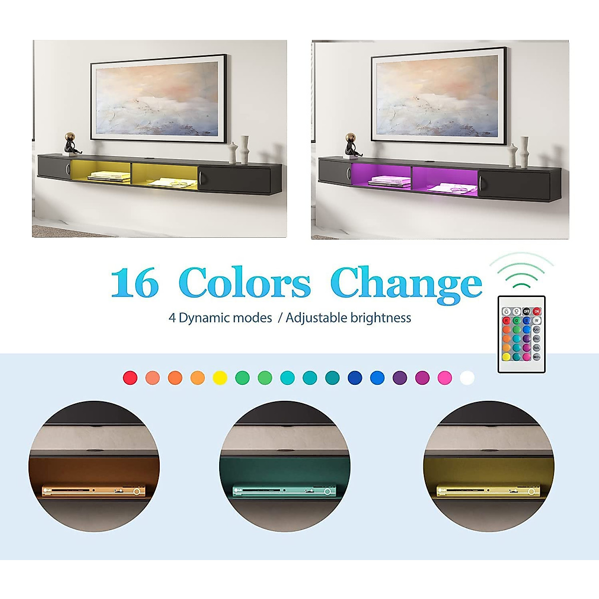 FITUEYES Floating TV Stand Wall Mounted Shelf with Colorful LED Lights, Wood Media Console Entertainment Center Under TV, Cabinet Hutch Desk Storage for Home and Office,Black