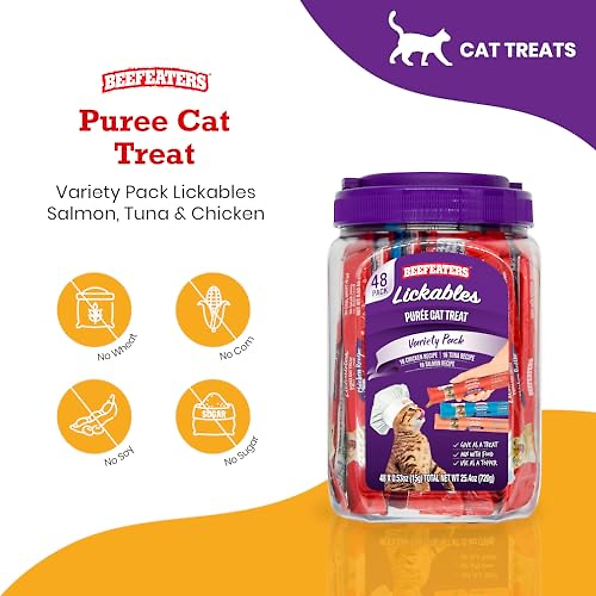 Beefeaters Cat Treats - Variety Pack Lickable Puree 48ct | Cat Food Salmon, Tuna, Chicken | Grain-Free, Taurine-Enriched | Training Treats - Interactive Feeding | Wet/Dry Food