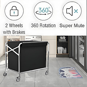 Collapsible Laundry Cart with Wheels Commercial 12 Bushel Folding Laundry Basket, Heavy Duty Rolling Laundry Hamper with Removable Waterproof Oxford Bag and Reinforced Steel Frame, 330 lbs Load ﻿