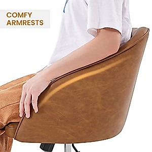 Yaheetech Faux Leather Desk Chair, Makeup Vanity Chair with Adjustable Tilt Angle, Swivel Office Chair Upholstered Armchair Study Chair for Bedroom and Makeup Room Retro Brown