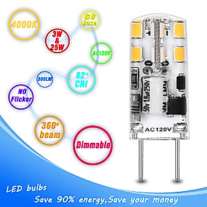 Heifymi 0-100% Dimmable G8 Led Bulbs 3W 4000K Natural White,Replace G8 20 Watt 25 Watt Halogen,120V G8 2Pin Led Light Bulb T4 JCD Type for Under Cabinet Kitchen Lighting,No Flicker,6Pack