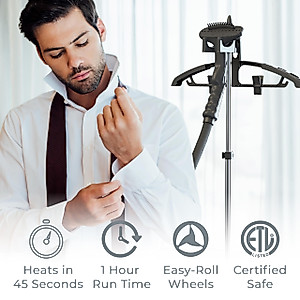 Pure Enrichment® PureSteam™ XL Standing Steamer with Garment Hanger - Heats in 45 Seconds with 0.5-Gallon Water Tank for 1 Hour Continuous Steaming - Includes Fabric Brush and Easy-roll Wheels