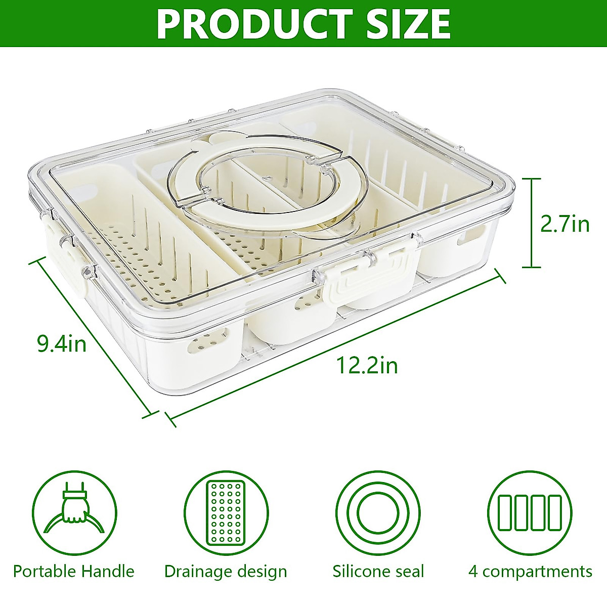 ADKYSL Divided Serving Tray with Lid, Fruit Storage Containers for Fridge, Portable Snackle Box Container, 4 Compartment Snack Tray with Lid for Vegetables Candy Nuts Spices -1 Pack