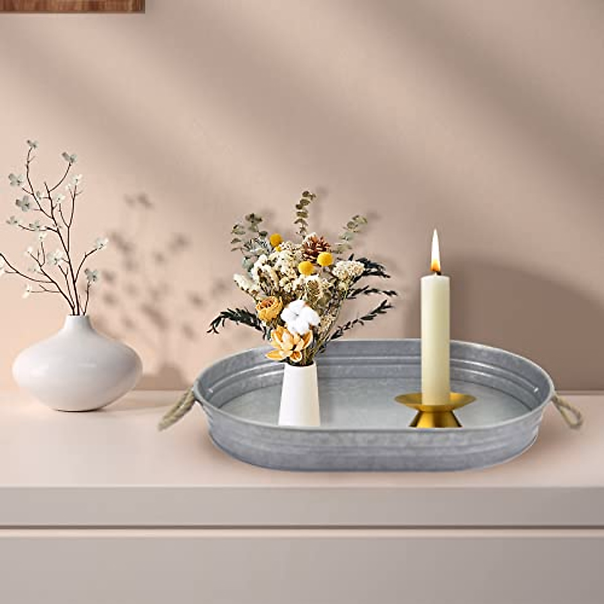 Farmhouse Galvanized Trays Farmhouse Decor 16.9"x12.2" Oval Trays with Handles Decorative Tray for Coffee Table Centerpieces Modern Farmhouse Home Decorations(Set of 2,Galvanized)