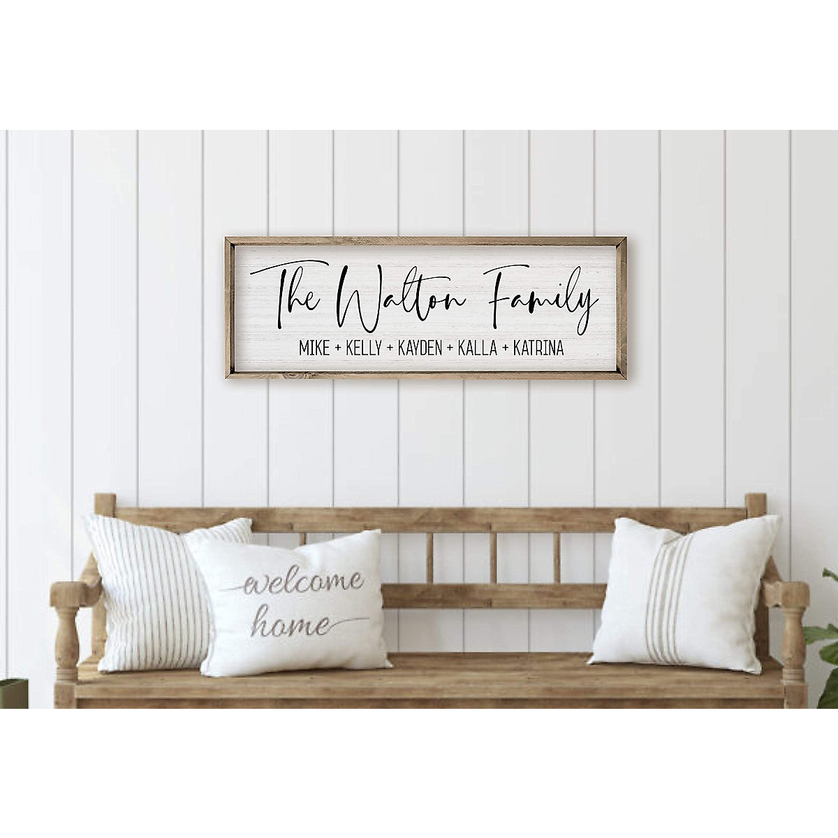 Personalized Framed Wooden Family Name Sign (6" x 18", Weathered Grey Frame, White Background)