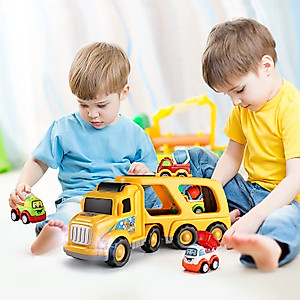 Construction Truck Toys for 1 2 3 4 5 6 Year Old Boys, 5-in-1 Friction Power Toy Vehicle in Carrier Truck Toys for Kids 3-5 Years, Car Toys Set for Age 3-9, Christmas Birthday Gifts