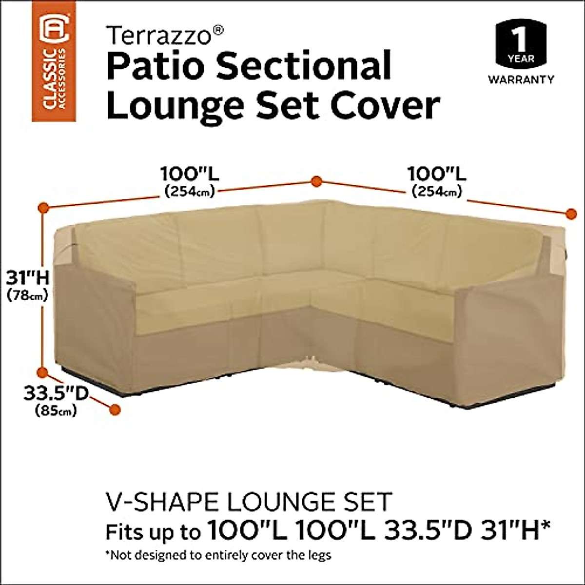 Classic Accessories Terrazzo Water-Resistant 100 Inch Patio V-Shaped Sectional Lounge Set Cover, Patio Furniture Covers