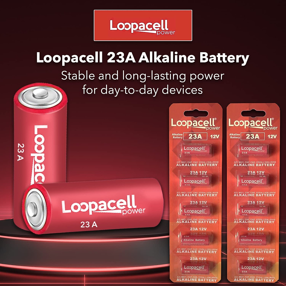 Loopacell A23 23A 12-Volt Alkaline Battery Pack of 10
