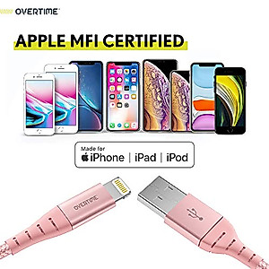 iPhone Charger Set, 2-Pack Overtime Apple MFi Certified Lightning Cables with 1 Dual USB Wall Adapter - 2.4 AMP Compatible w/iPhone 11 Pro Max XS XR X 8 7 6S 6 Plus SE iPad (Rose Gold/Rose Gold, 10ft)