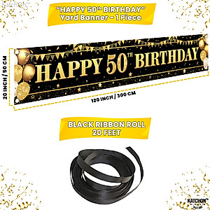 KatchOn, XtraLarge Happy 50th Birthday Yard Banner - 120x20 Inch | Black and Gold 50th Birthday Yard Sign for Men | Happy 50th Birthday Banner for 50th Birthday Decorations | 50 Birthday Decorations