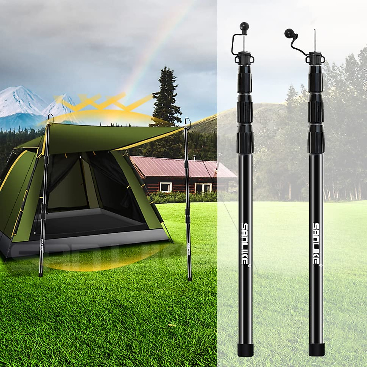 Tent Poles for Tarp, 8.2' Fiberglass Tarp Poles Set of 2 with Tent Kit, Tent Poles & Stakes Set, Telescoping Pole, Canopy Poles, Camping Poles for Rooftop Tents, Tent for Rain Fly, Camper, Awning