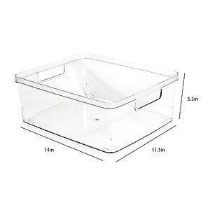 Isaac Jacobs 2-Pack Large Clear Storage Bins (11.5” L x 14” W x 5.5” H) w/Cutout Handles, Plastic Organizer for Home, Office, Kitchen, Fridge/Freezer, Bathroom, BPA Free, Food Safe (Large)