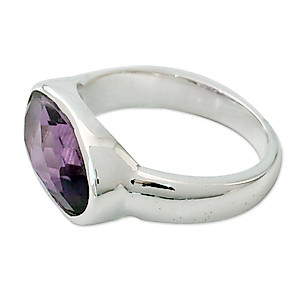 NOVICA Artisan Handmade Amethyst Cocktail Ring Three Carat Sterling Silver Purple Single Stone India Birthstone [crownbezel 0.6 in L x 0.3 in W x 0.2 in H Band Width 2 mm W] ' Purple Crown'