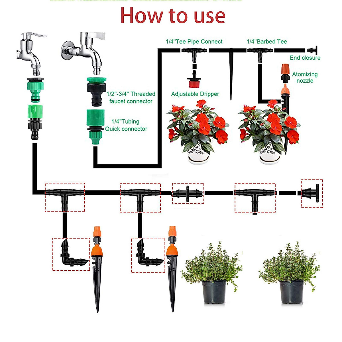 HOINCO 300Pcs Barbed Connectors Irrigation Fittings Kit, Drip Irrigation Barbed Connectors for 1/4 Inch Tube, for Flower Pot Garden Lawn (Elbows, End Plug, Straight Barbs, Tees, 4-Way Coupling)