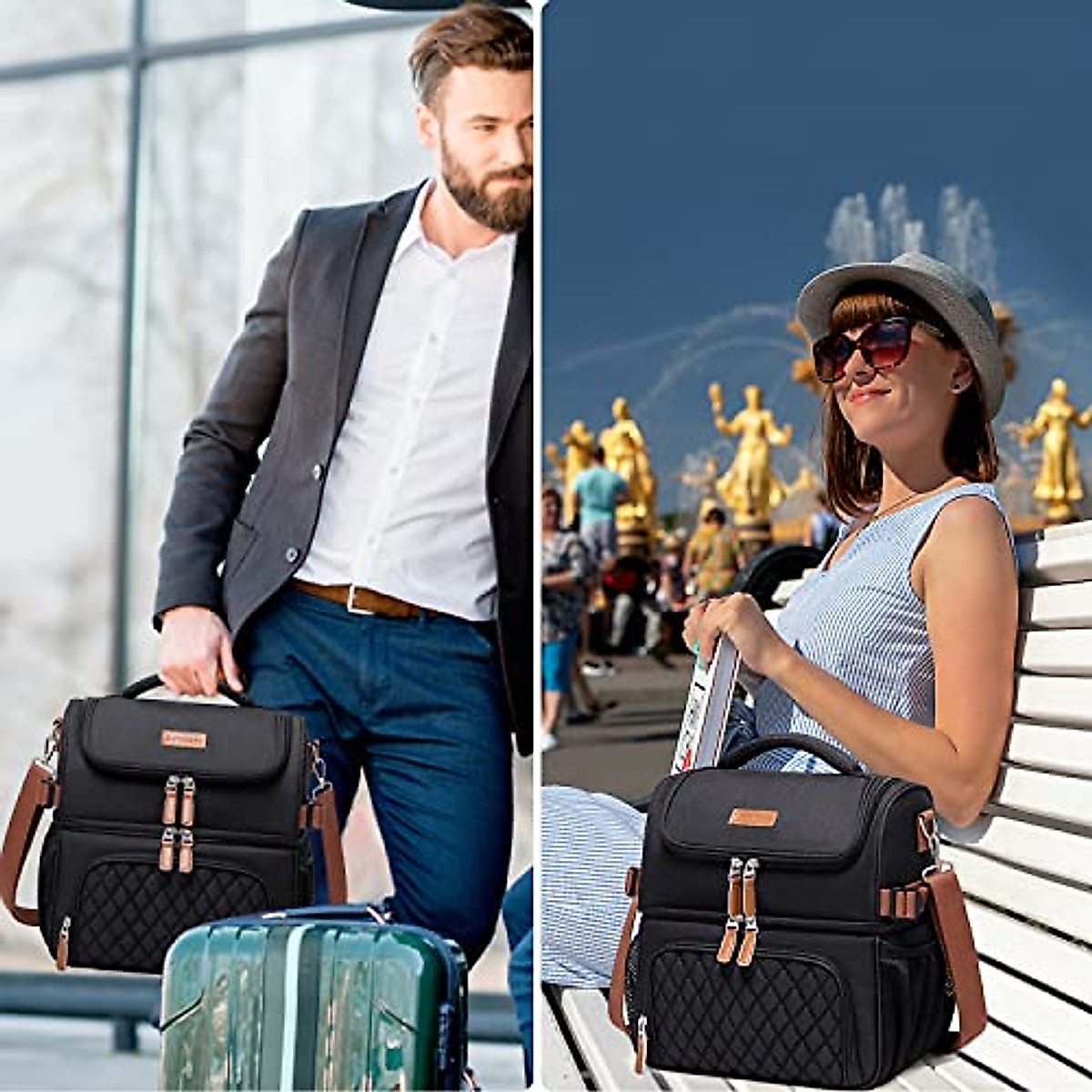 Artelaris Lunch Bag for Men Women, Large Double Deck Lunch Box Tote for Work, Dual Compartment Insulated Leakproof Lunchbox Cooler for Adult with Shoulder Strap & Side Pocket for Picnic Hiking Outdoor